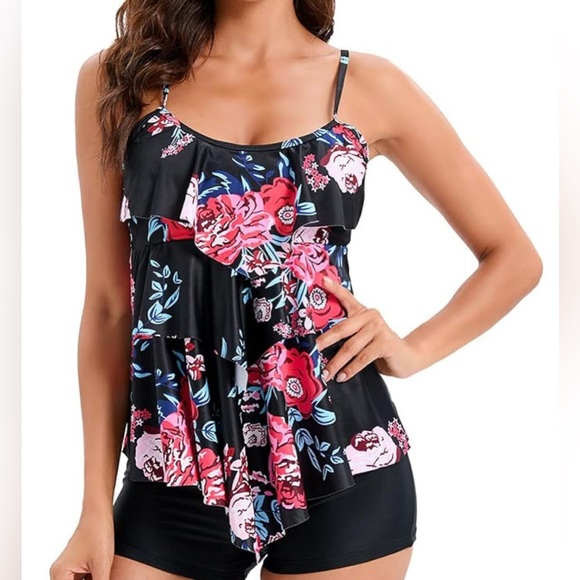 Swim | Womens Floral Black Tankini Top 2xl Nwot | Poshmark